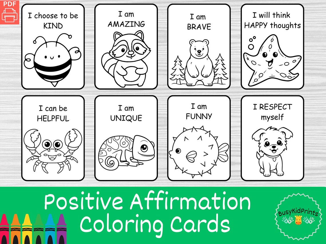 Kids Affirmation Coloring Cards for Kids, 48 Printable Children's ...
