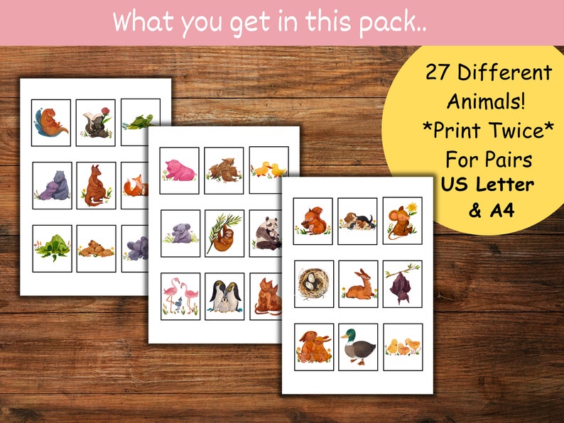 Printable Matching Game for Kids, 54 Animal Theme Memory Cards for ...