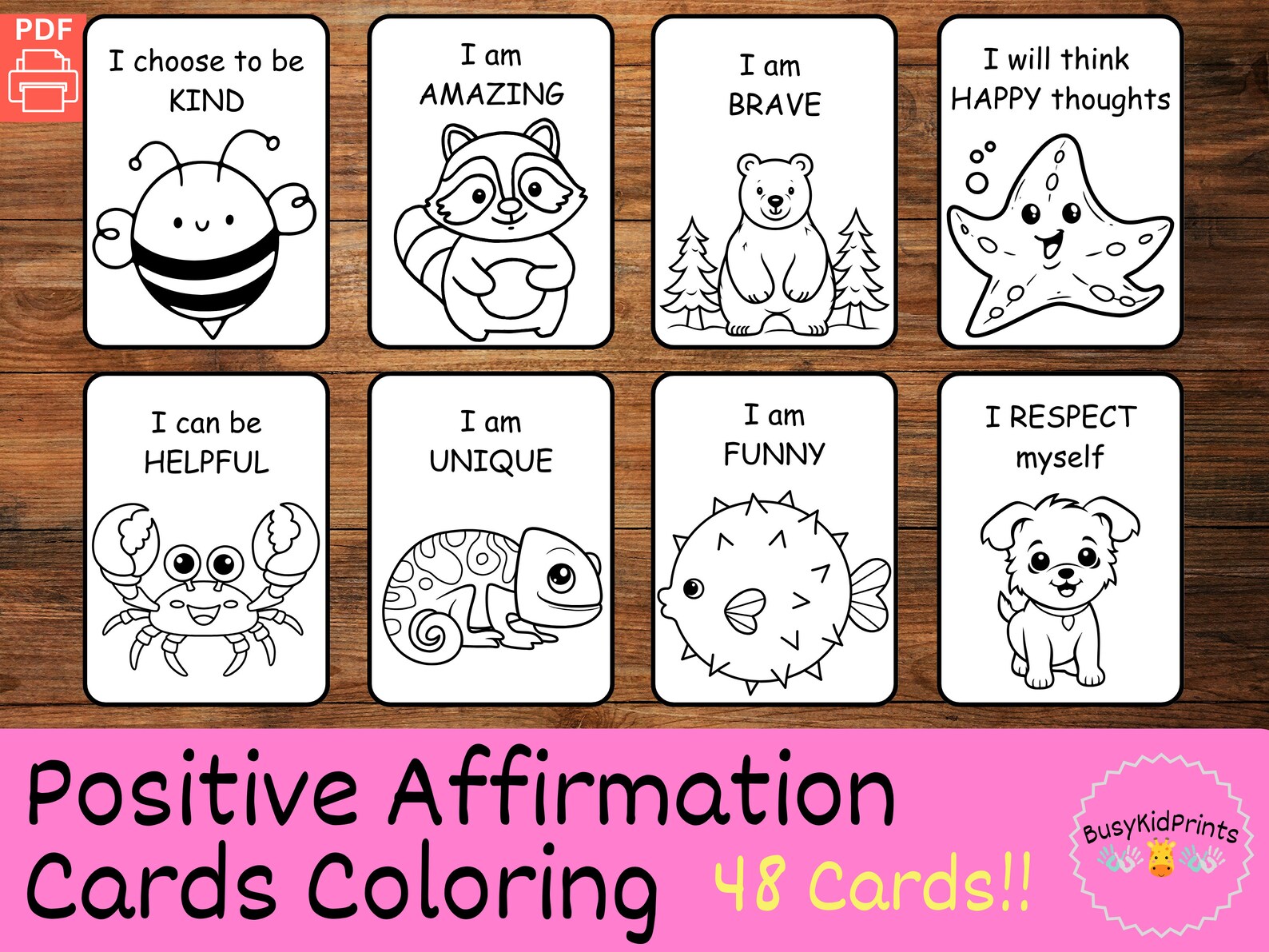 Kids Affirmation Coloring Cards for Kids, 48 Printable Children's ...