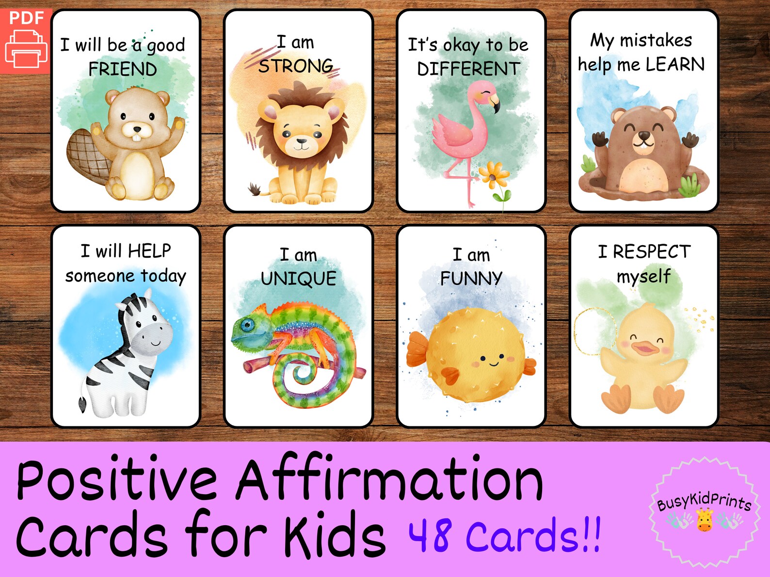 Kids Affirmation Cards, 48 Printable Children's Positivity Cards Animal ...