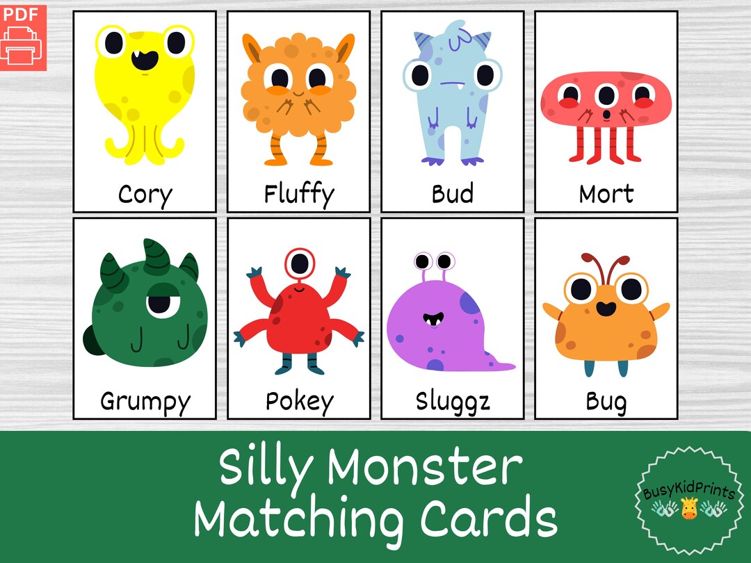 Monster Matching Game: 16 Unique Cards, Toddler Activity (digital ...