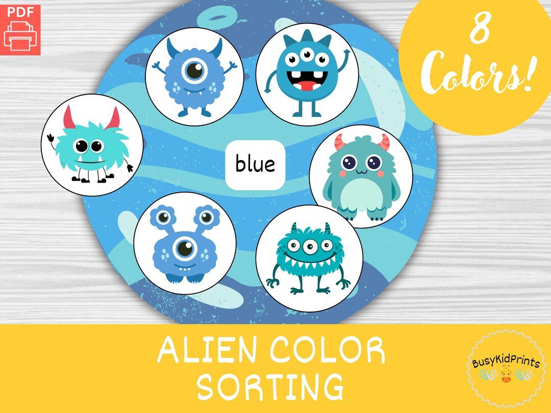 Alien Color Sorting Activity, Cut & Paste Busy Book Printable for Kids ...