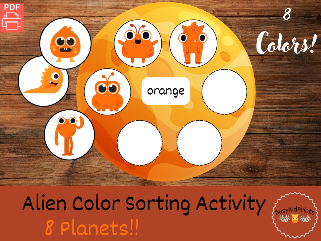 Alien Color Sorting Activity for Kids, Toddler Busy Book, Printable ...