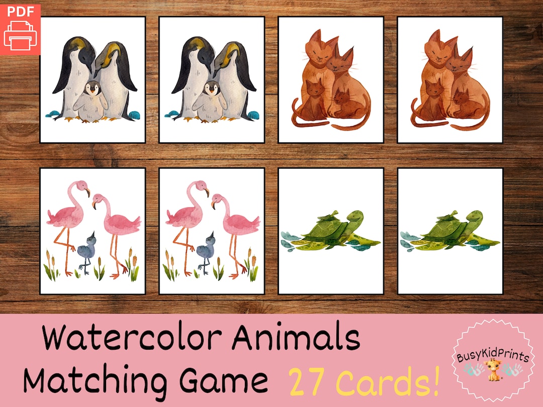 Printable Matching Game for Kids, 54 Animal Theme Memory Cards for ...