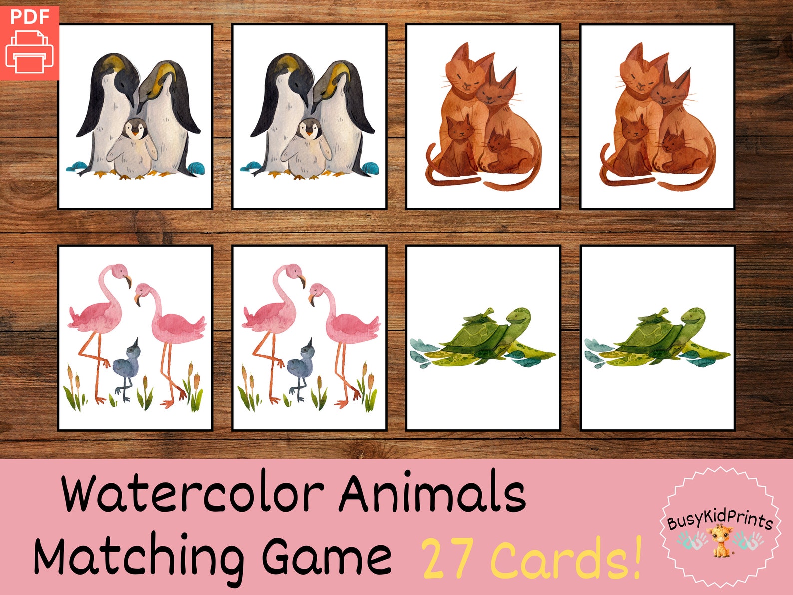 Printable Matching Game for Kids, 54 Animal Theme Memory Cards for ...