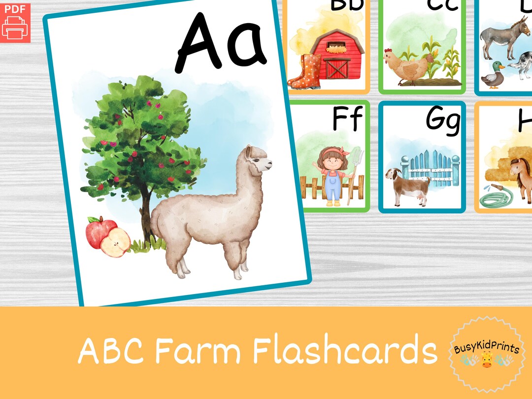 ABC Farm Flashcards, Watercolor Alphabet Flash Cards, 26 Digital Cards ...