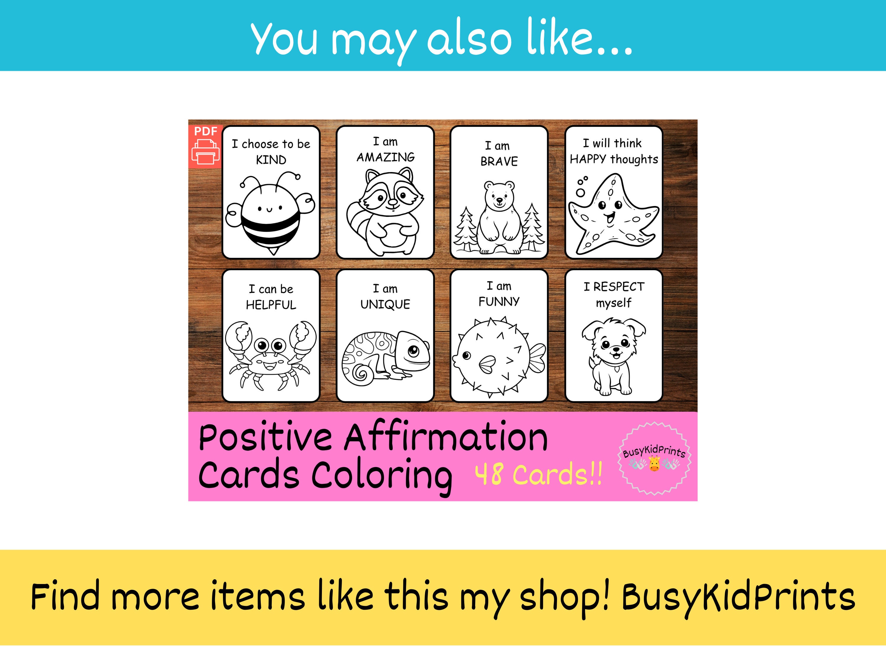 Kids Affirmation Cards, 48 Printable Children's Positivity Cards Animal ...