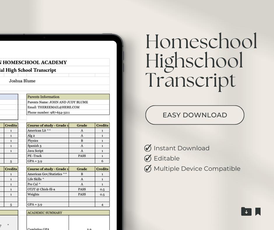 Homeschool High School Transcript Template Printable Graduation ...