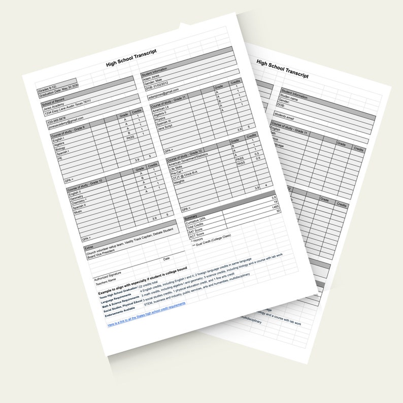 High School Transcript, Homeschool Transcript, School Record, Printable ...