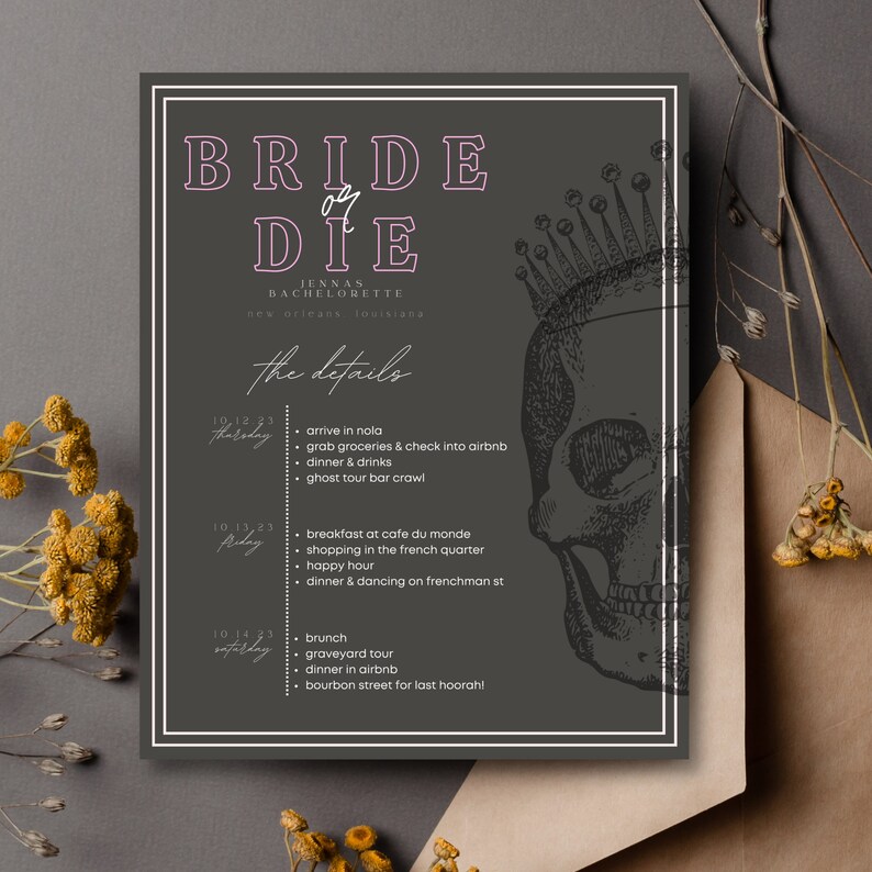 Bride or Die Bachelorette Itinerary Till Death Do Us Party Weekend RIP ...