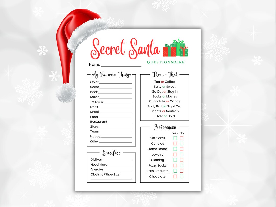 Secret Santa Questionnaire, Gift Exchange Form, Holiday Party, Coworker ...