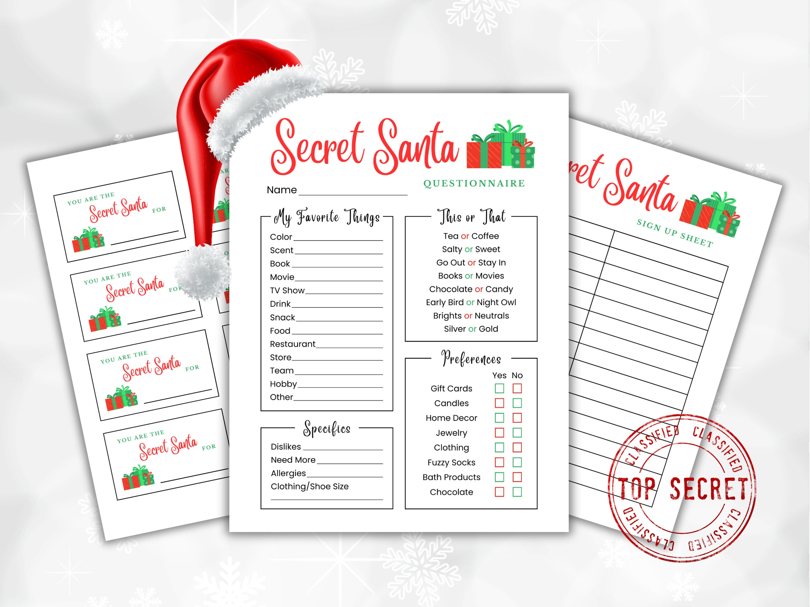 Secret Santa Questionnaire, Gift Exchange Form, Holiday Party, Coworker ...