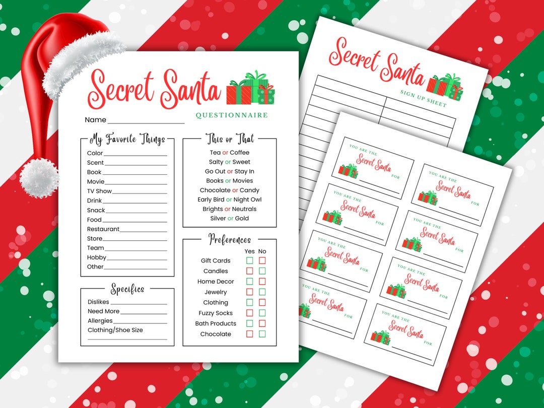 Secret Santa Questionnaire, Gift Exchange Form, Holiday Party, Coworker ...