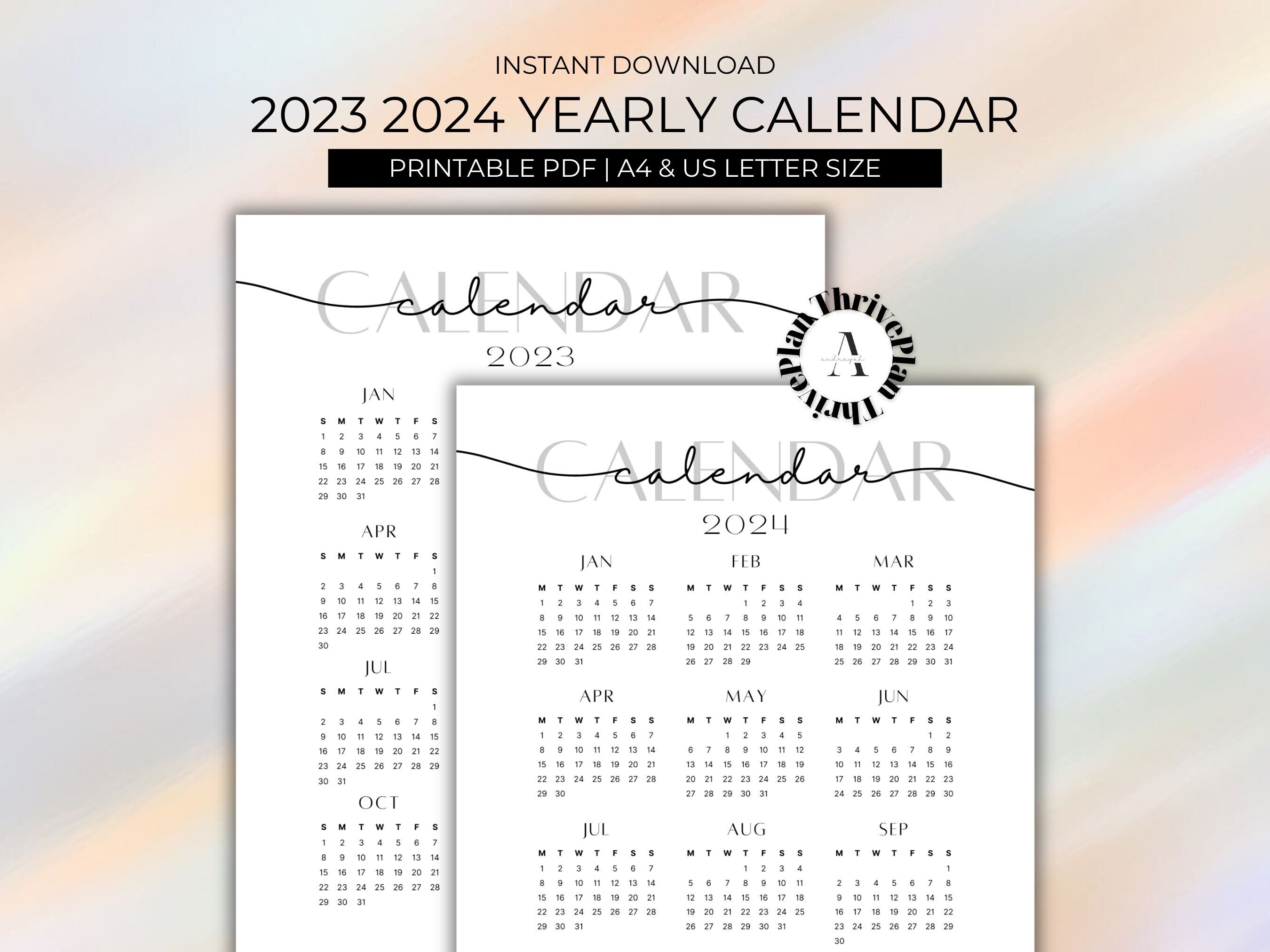 2023 2024 Yearly Calendar Printable One Page Calendar Yearly - Etsy