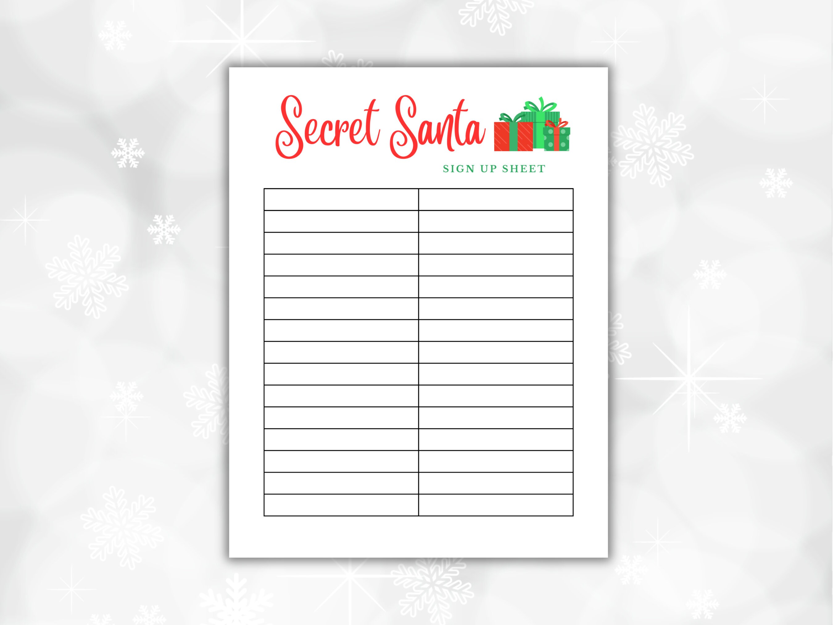 Secret Santa Sign up Sheet, Christmas Potluck Sign up Sheet, Work ...