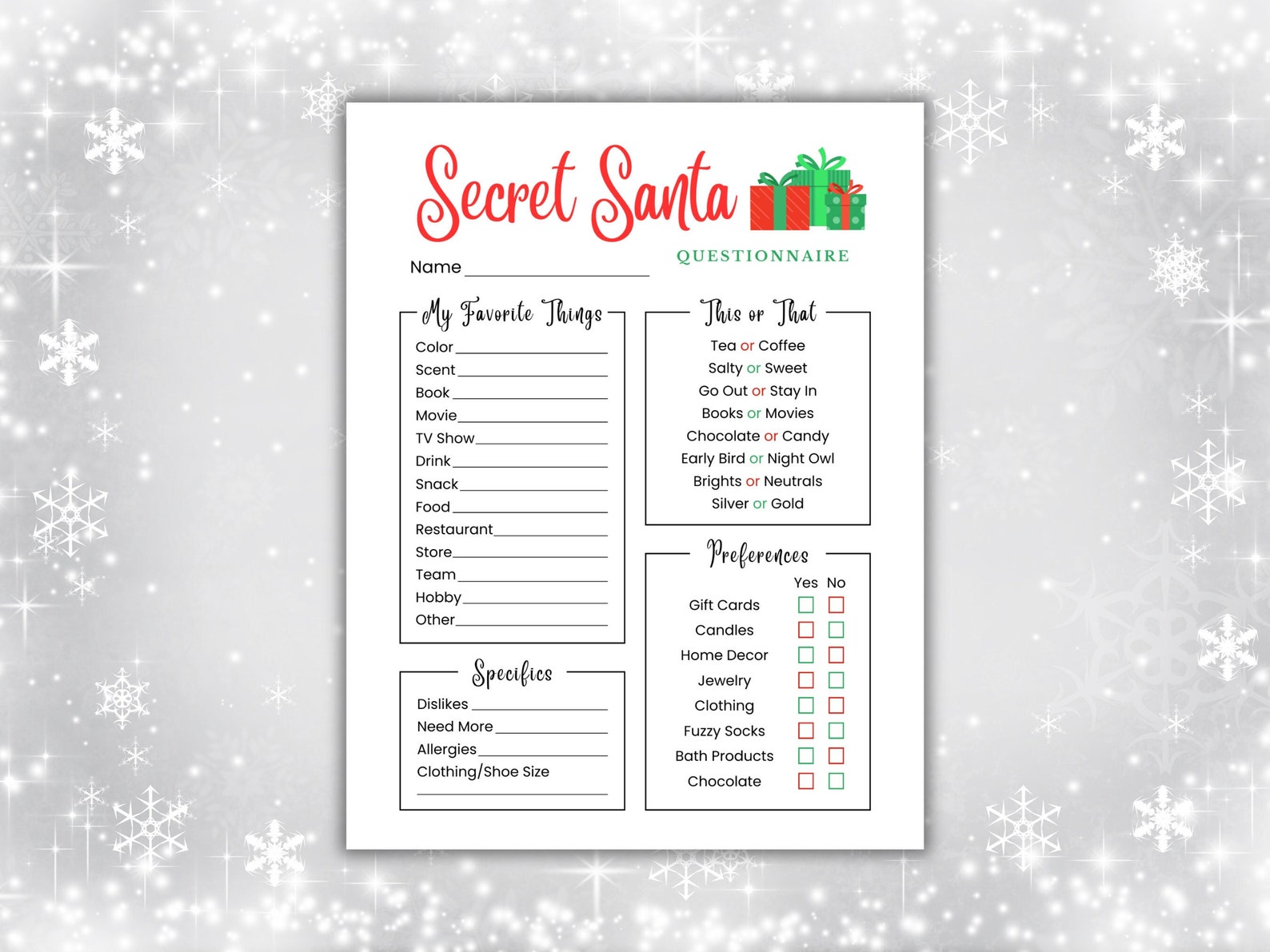 Secret Santa Questionnaire, Gift Exchange Form, Holiday Party, Coworker ...