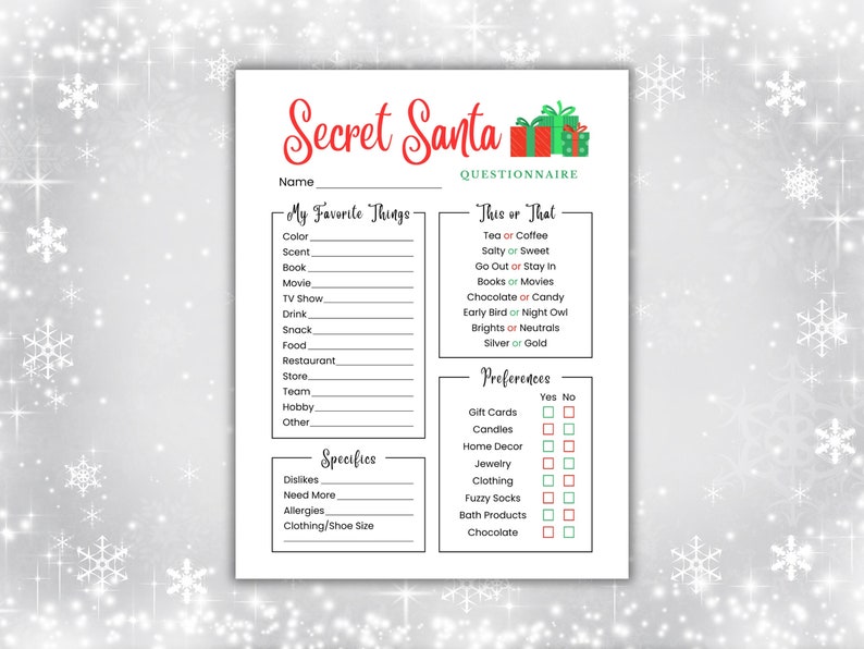 Secret Santa Questionnaire, Gift Exchange Form, Holiday Party, Coworker ...