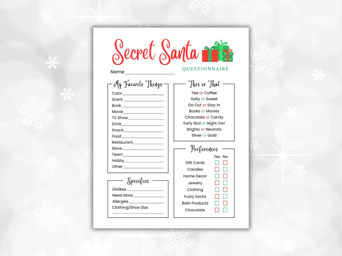Secret Santa Questionnaire, Gift Exchange Form, Holiday Party, Coworker ...