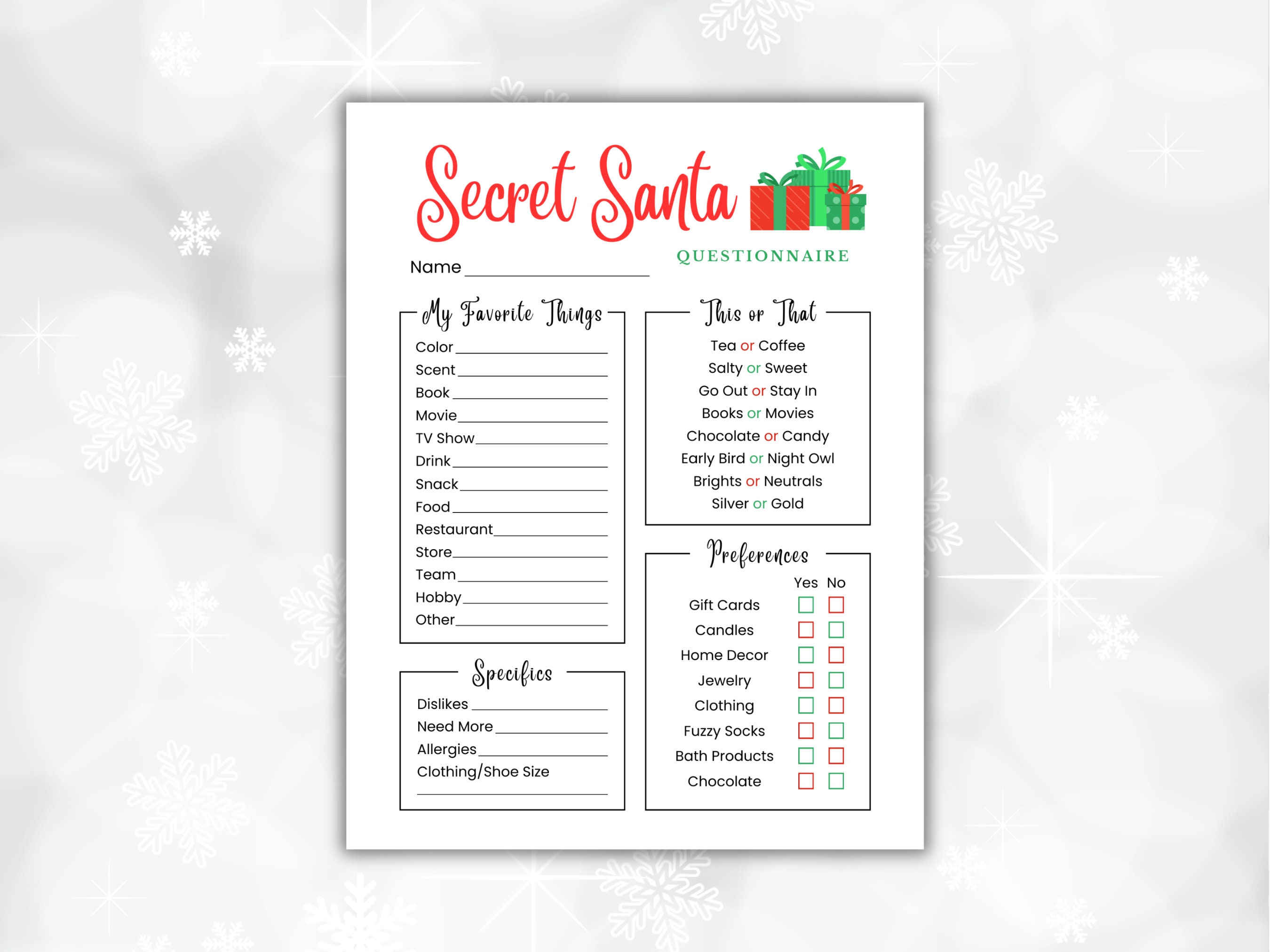 Secret Santa Questionnaire, Gift Exchange Form, Holiday Party, Coworker ...
