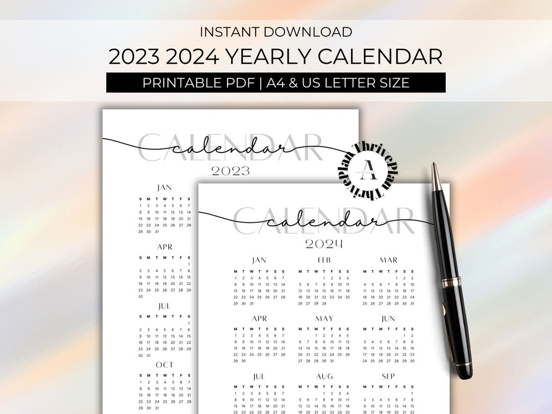 2023 2024 Yearly Calendar Printable One Page Calendar Yearly - Etsy