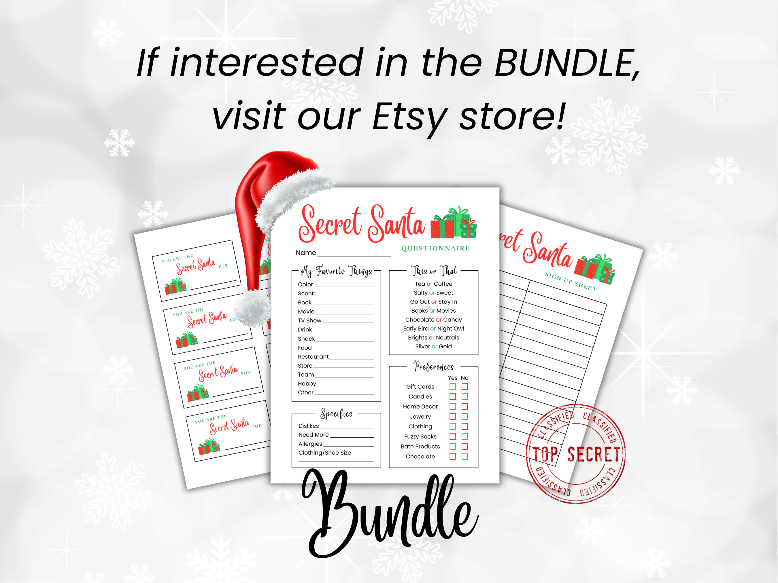 Secret Santa Questionnaire, Gift Exchange Form, Holiday Party, Coworker ...