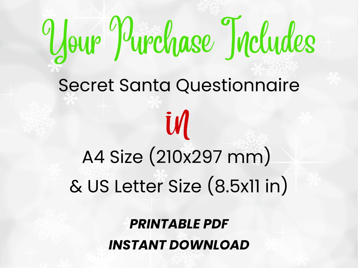 Secret Santa Questionnaire, Gift Exchange Form, Holiday Party, Coworker ...