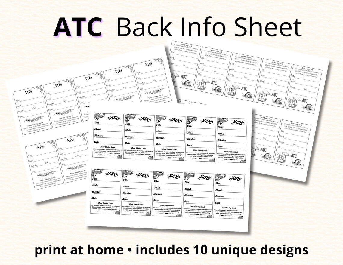ATC ACEO Info Card Sheets: Printable Backside Designs (digital Download ...