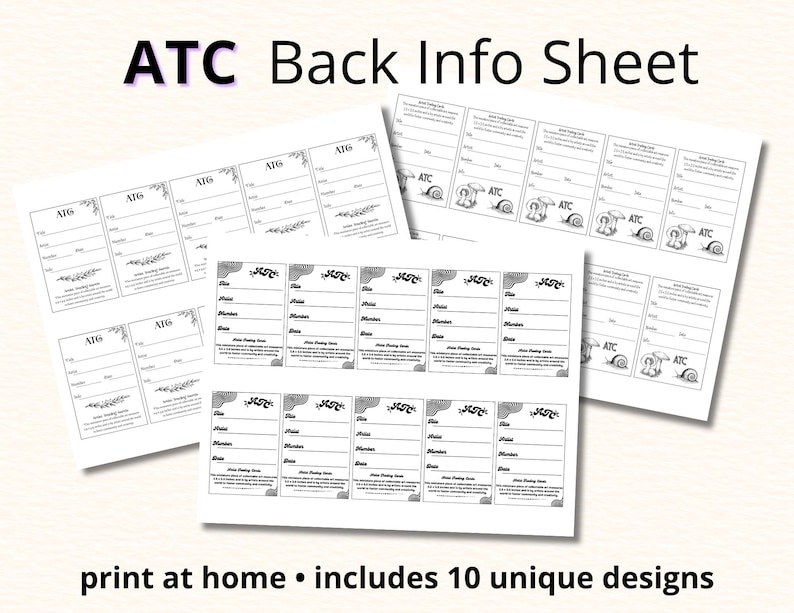 ATC ACEO Info Card Sheets: Printable Backside Designs (digital Download ...