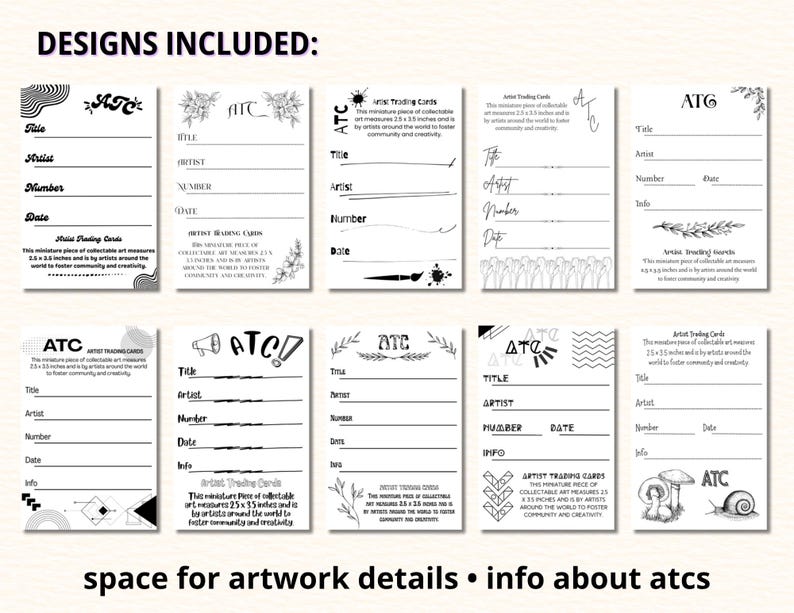 ATC ACEO Info Card Sheets: Printable Backside Designs (digital Download ...
