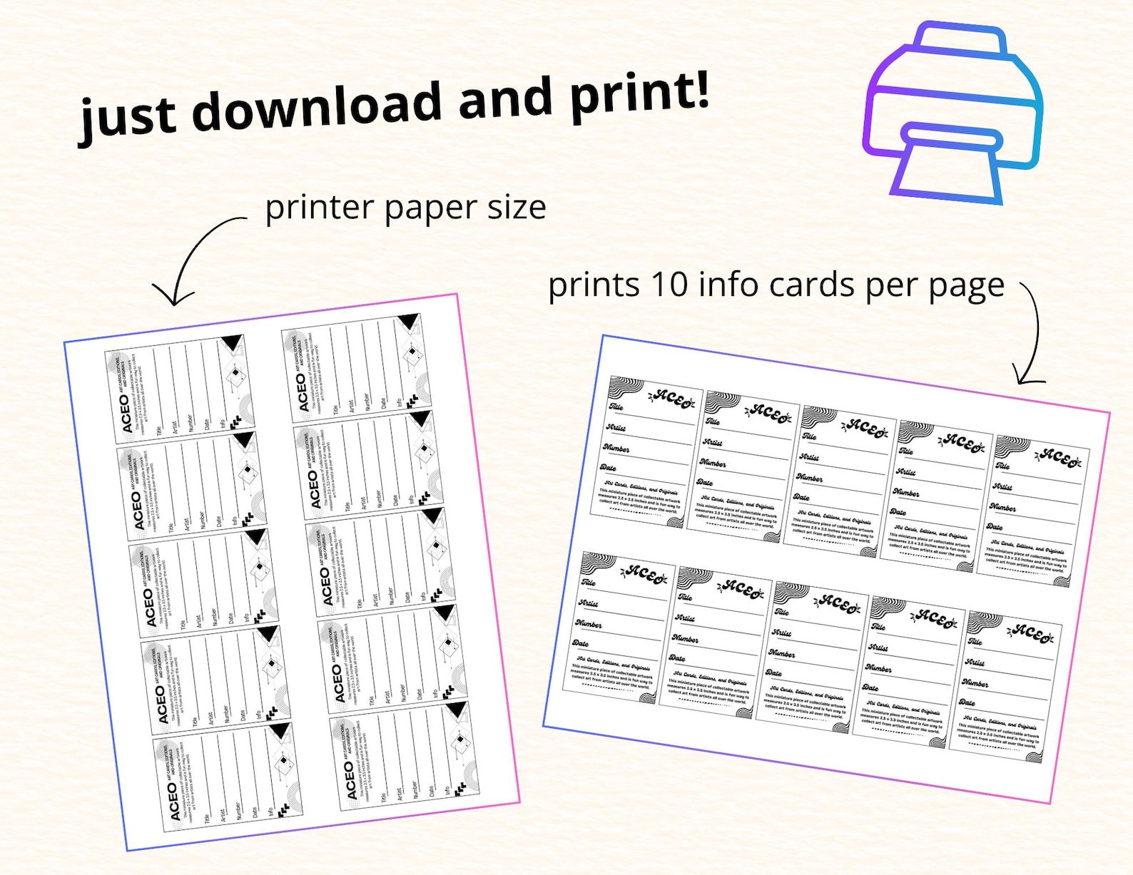 ACEO ATC Backside Info Card Sheets Printable Digital Download 2x3 ...