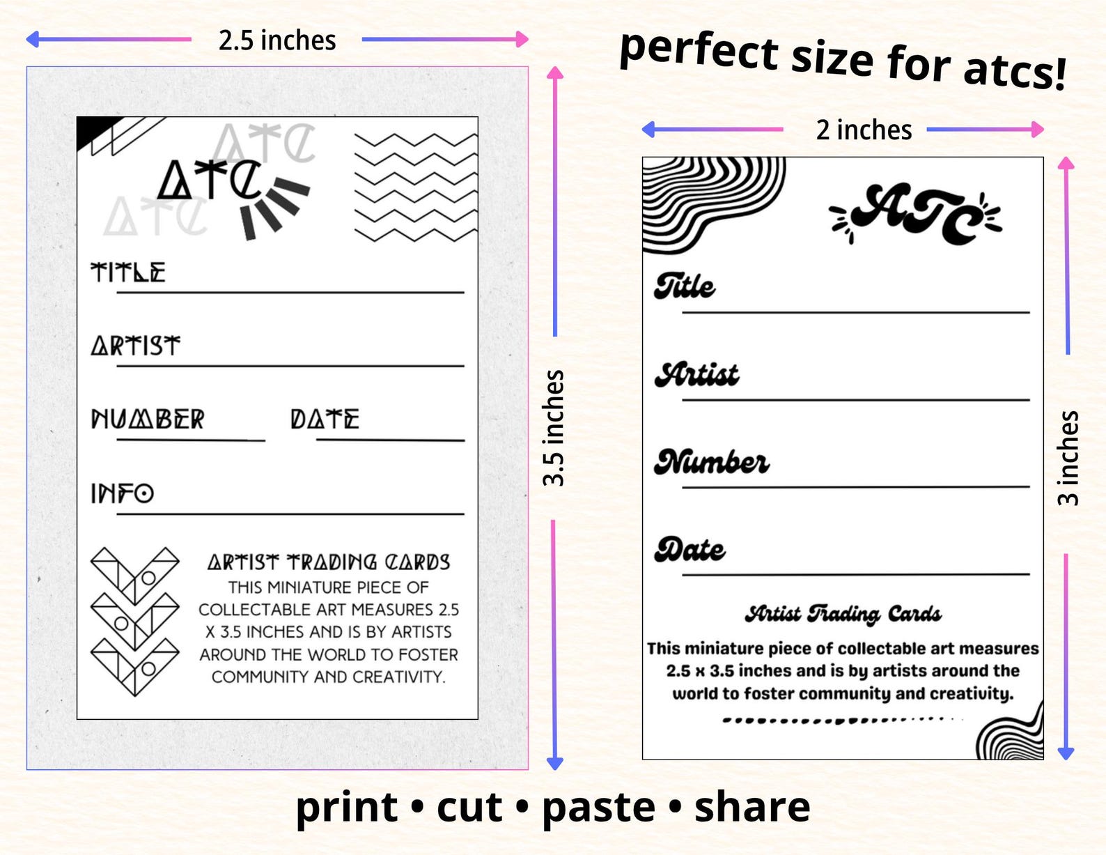 ATC ACEO Info Card Sheets: Printable Backside Designs (digital Download ...
