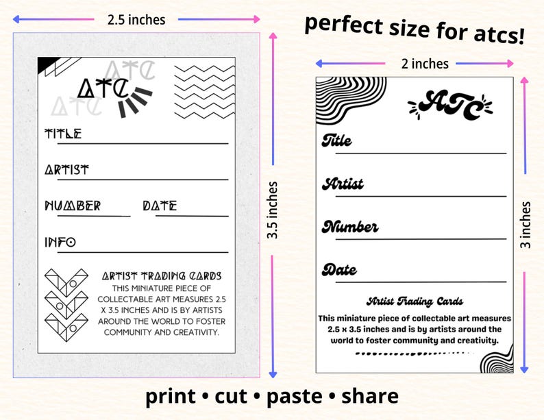 ATC ACEO Info Card Sheets: Printable Backside Designs (digital Download ...