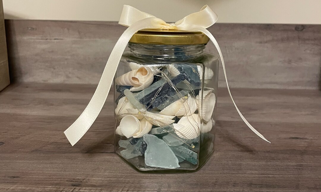 Hand Crafted Beach Theme Mason Jar With Sea Glass, Seashells & Copper ...