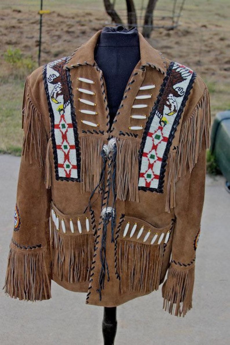 Mens Native American Leather Bead Jacket Suede Handmade Indian Buckskin ...
