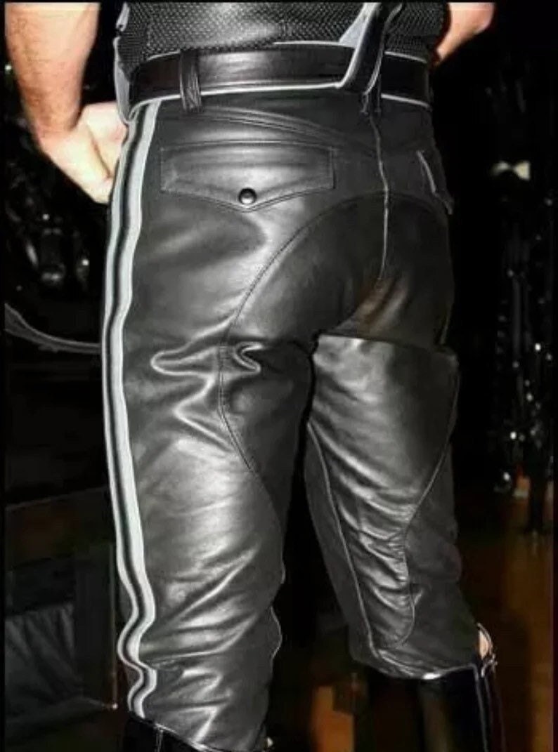 Mens Black Genuine Leather Slim Fit Biker Trouser Pants Gay Lederhosen ...