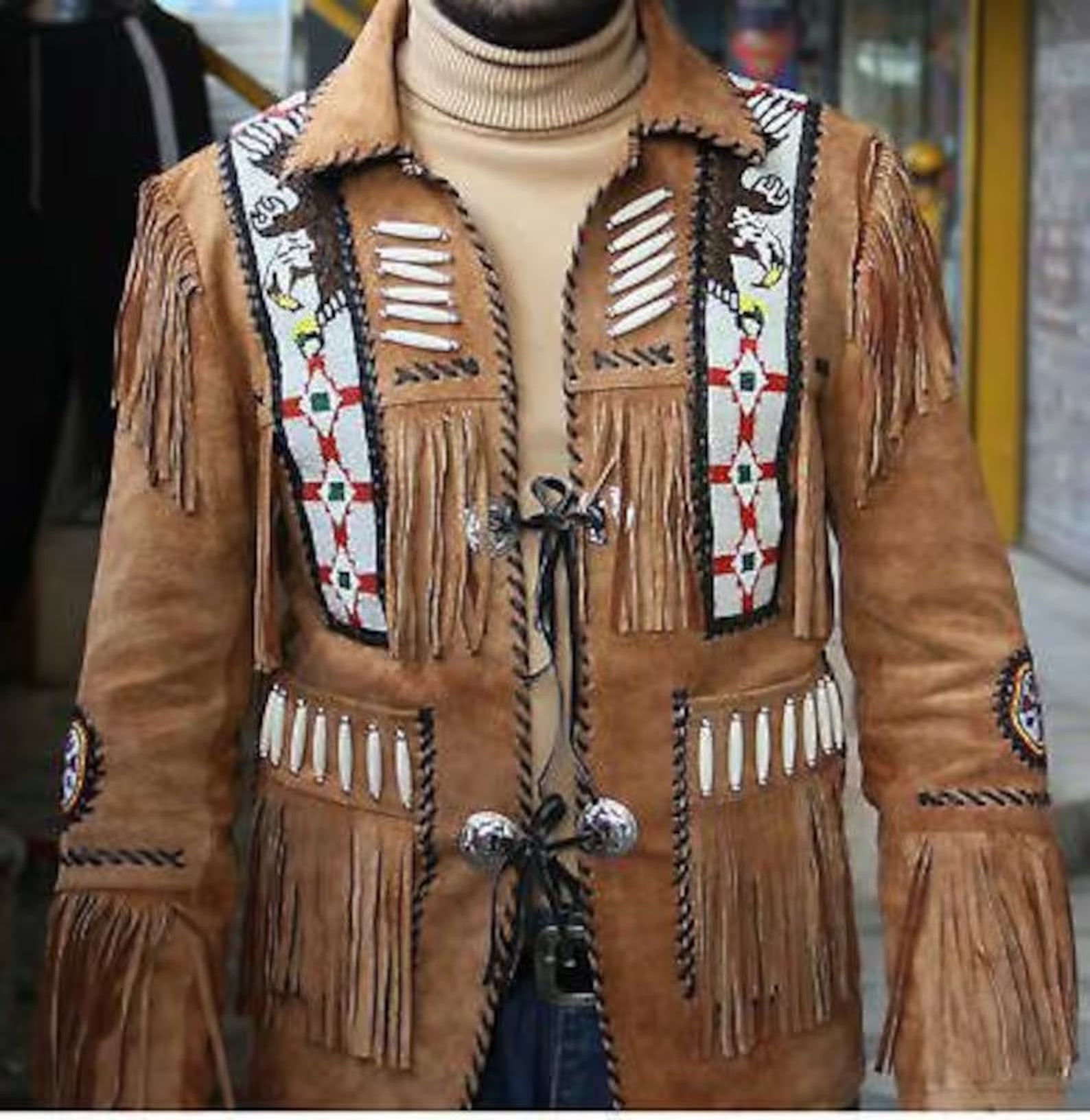Mens Native American Leather Bead Jacket Suede Handmade Indian Buckskin ...