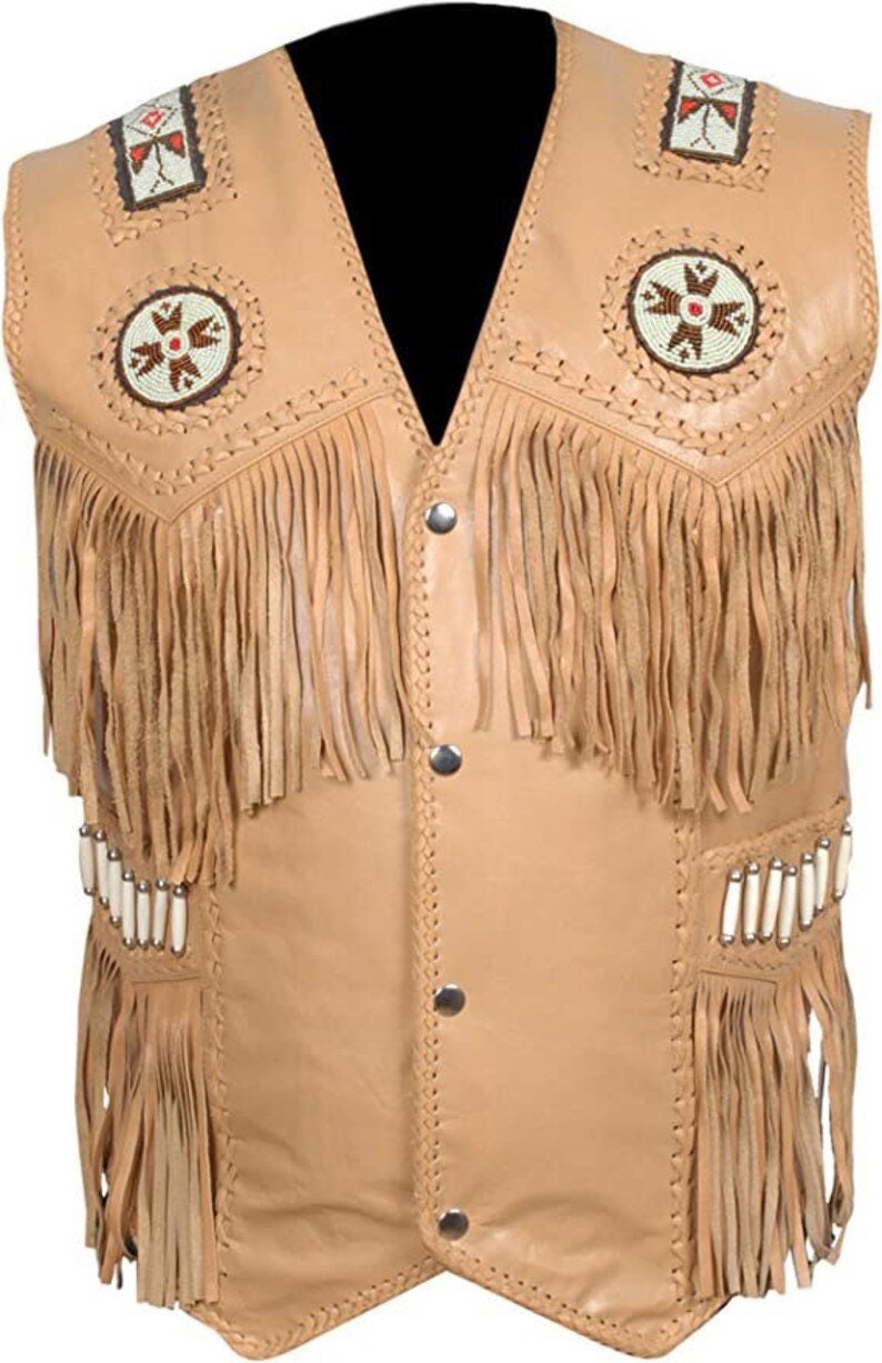 Mens Leather Vest Native American Suede Beads Fringes Mountain Man ...