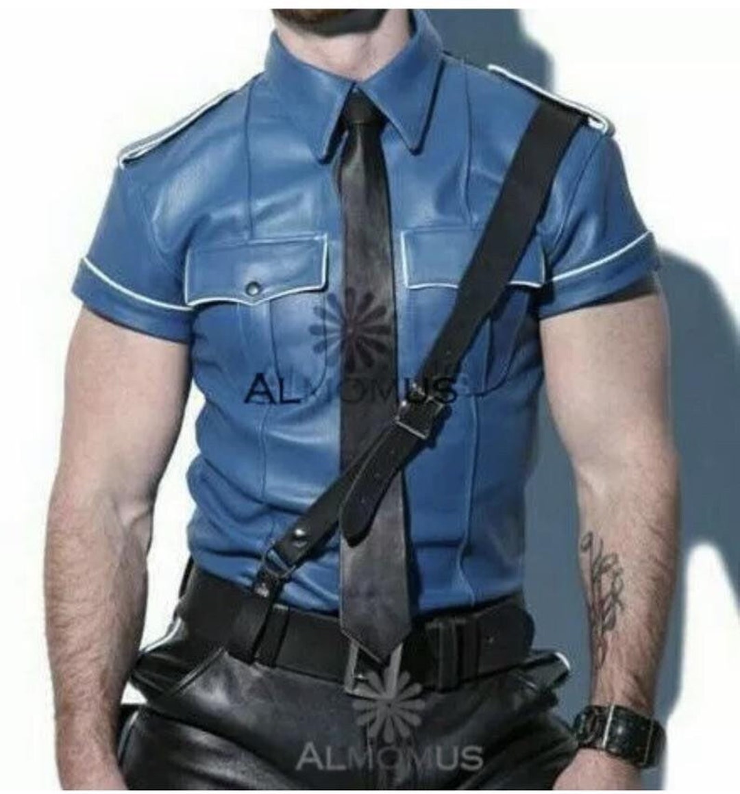 Mens Real Leather Blue Police Military Style Shirt Bluf All Size Shirt ...