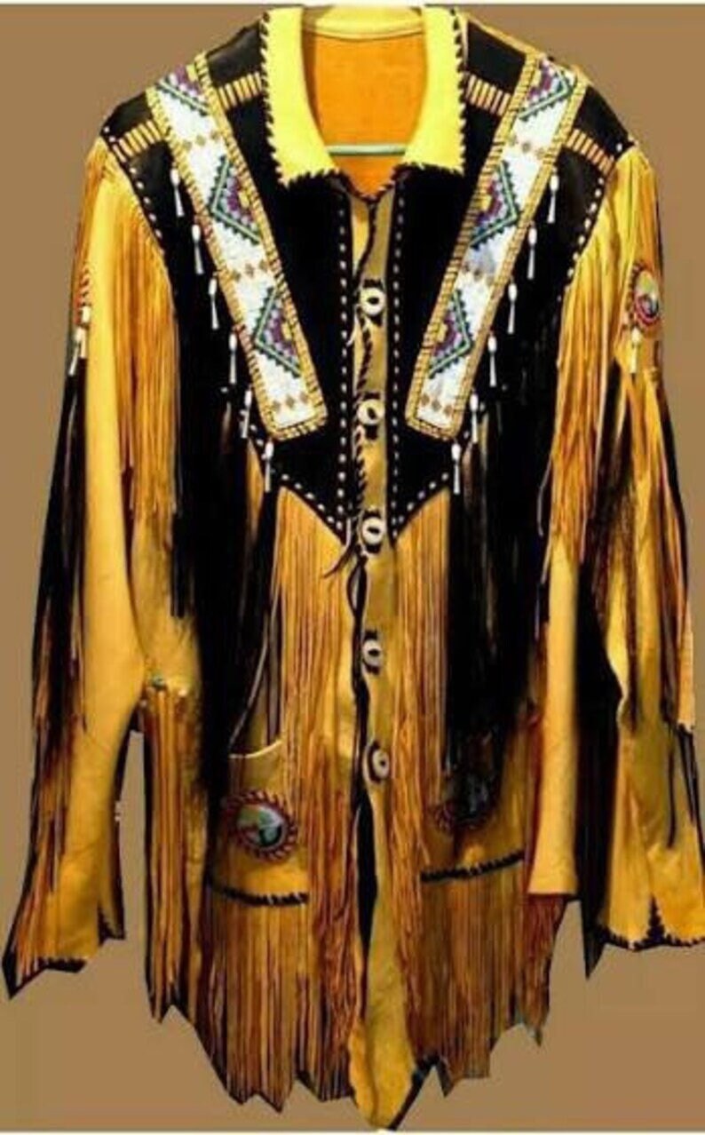 Mens Native American Leather Jacket Yellow Handmade Indian Buckskin ...