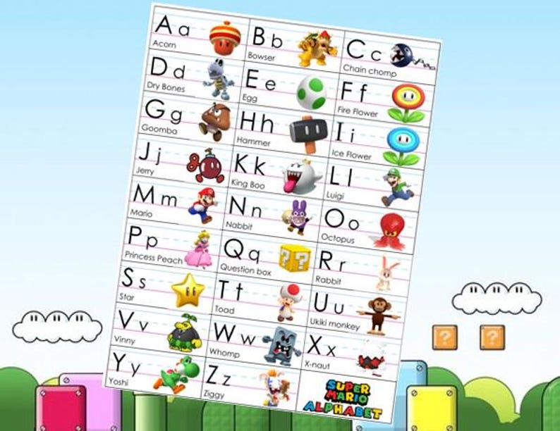Super Mario ABC Chart Printable Page | Printable Preschool Nursery Wall ...