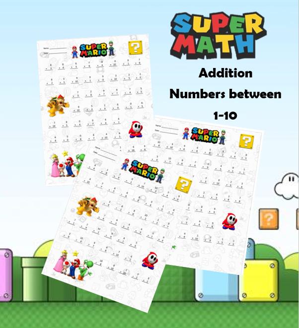 10 Super Mario Addition Worksheets, Numbers Between 1-10, Preschool ...