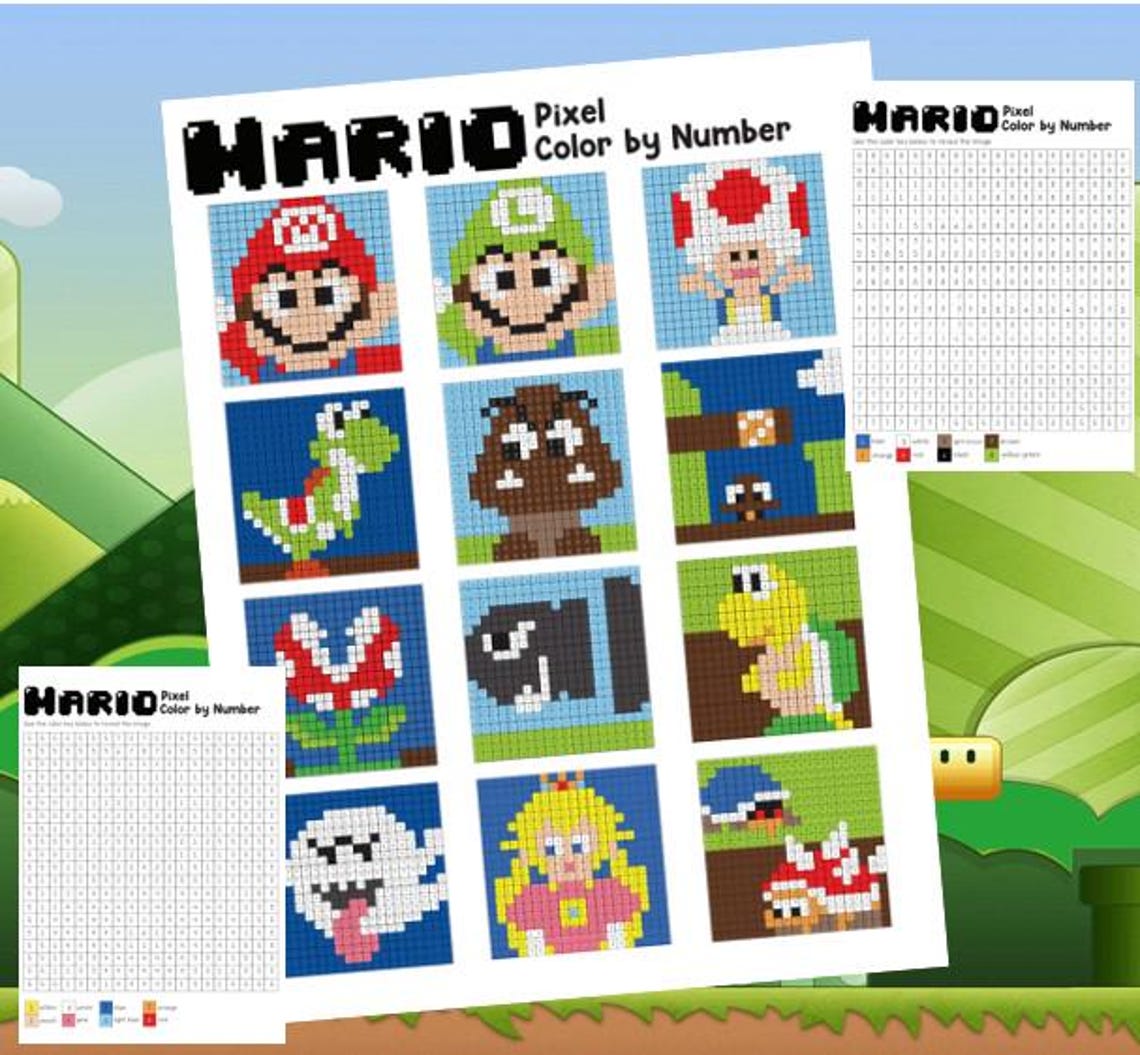 12 Super Mario Pixel Color by Number Worksheets, Preschool ...