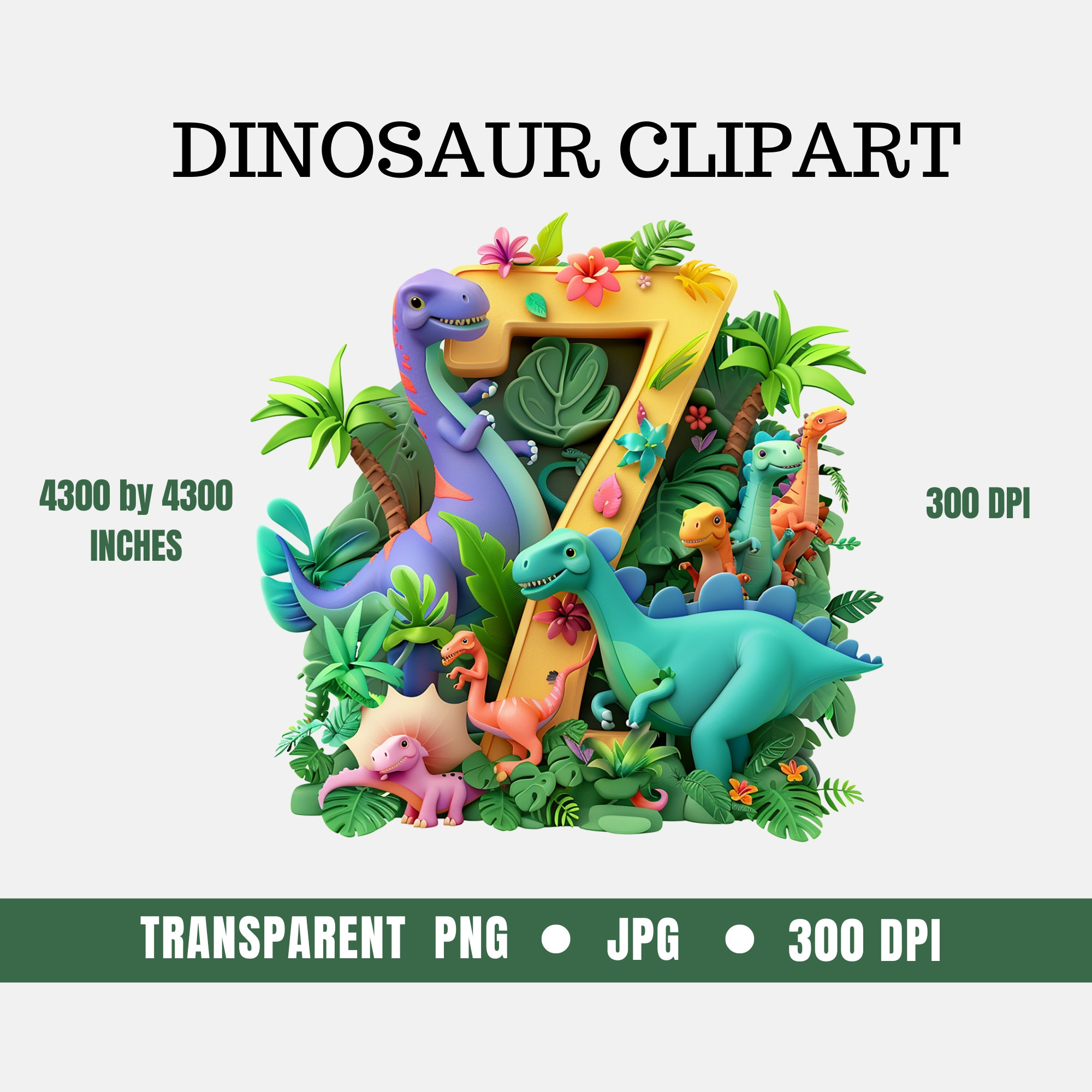 Dinosaur Number 7 Clipart, Cute Digital Download for 7th Birthday Party ...