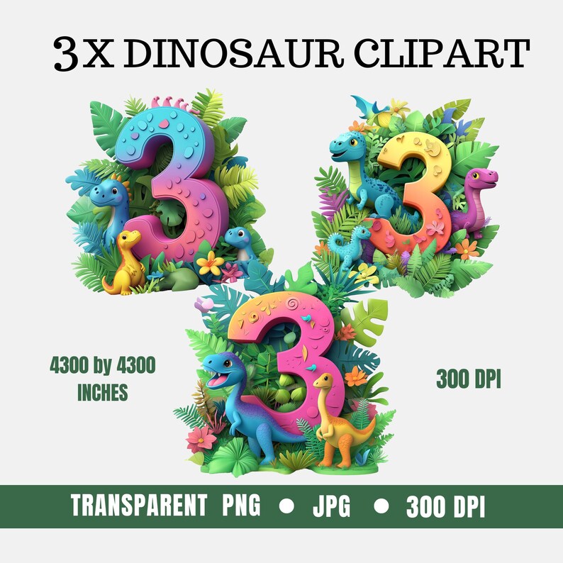 Dinosaur Number 3 Clipart, Cute Digital Download for 3nd Birthday Party ...