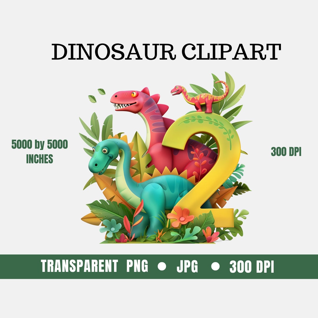 Dinosaur Number 2 Clipart, Cute Digital Download for 2nd Birthday Party ...