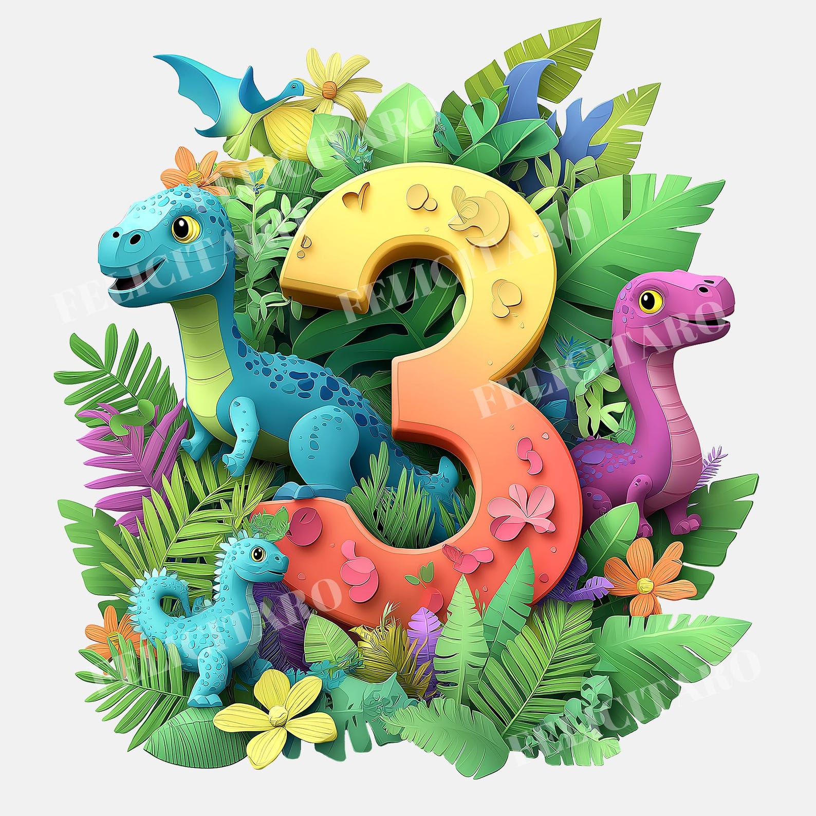 Dinosaur Number 3 Clipart, Cute Digital Download for 3nd Birthday Party ...