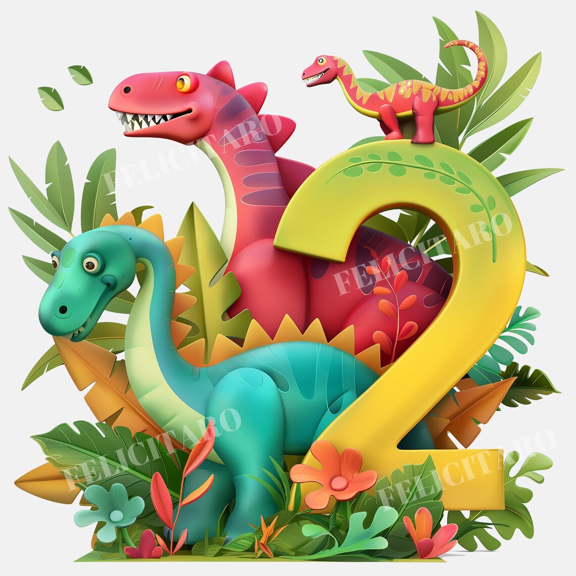 Dinosaur Number 2 Clipart, Cute Digital Download for 2nd Birthday Party ...