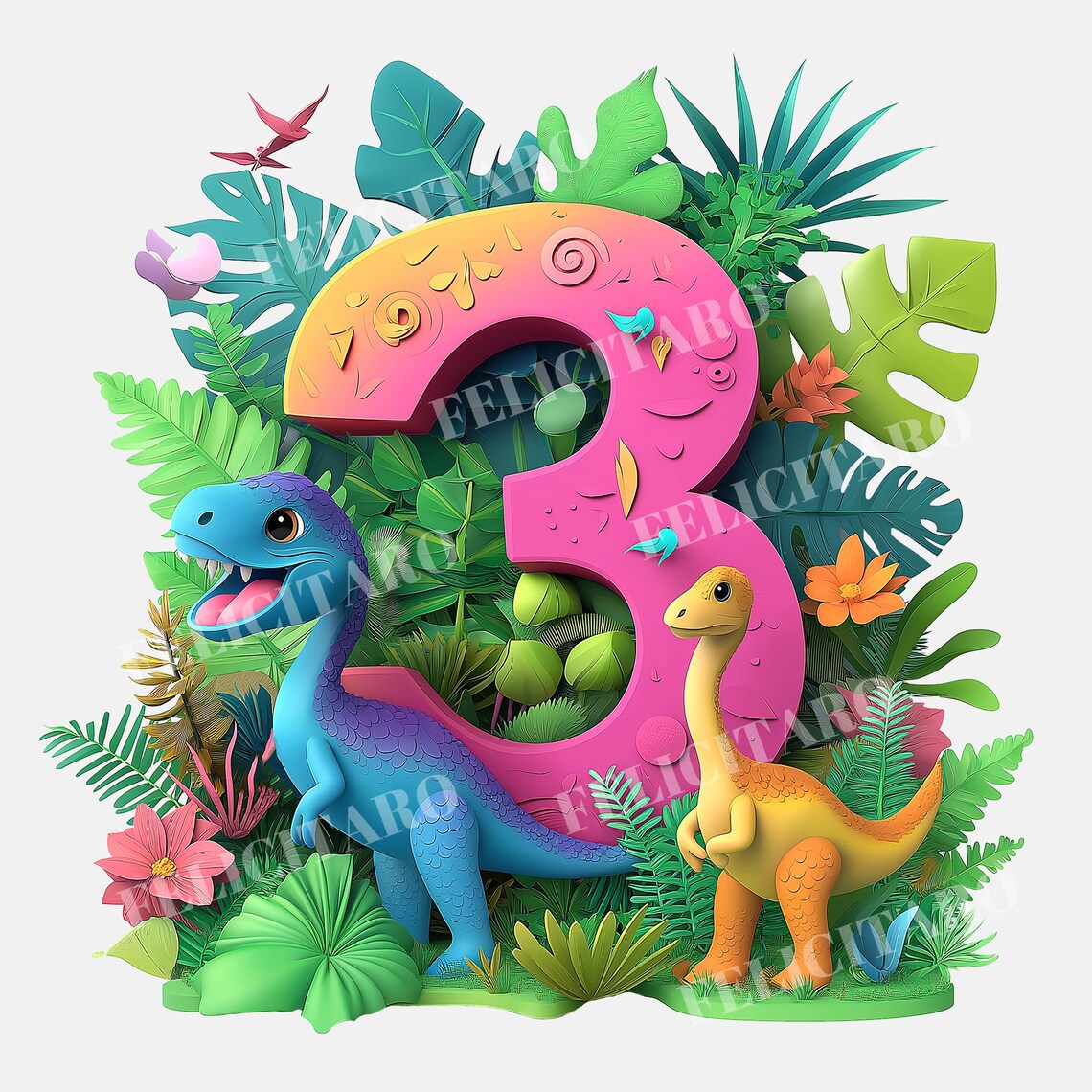 Dinosaur Number 3 Clipart, Cute Digital Download for 3nd Birthday Party ...