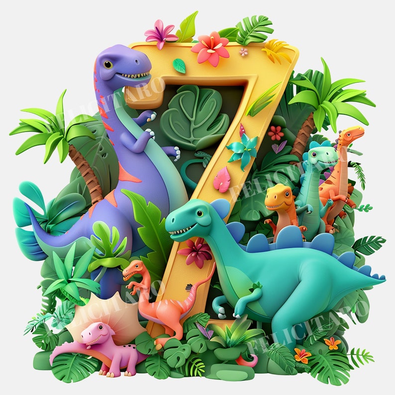 Dinosaur Number 7 Clipart, Cute Digital Download for 7th Birthday Party ...