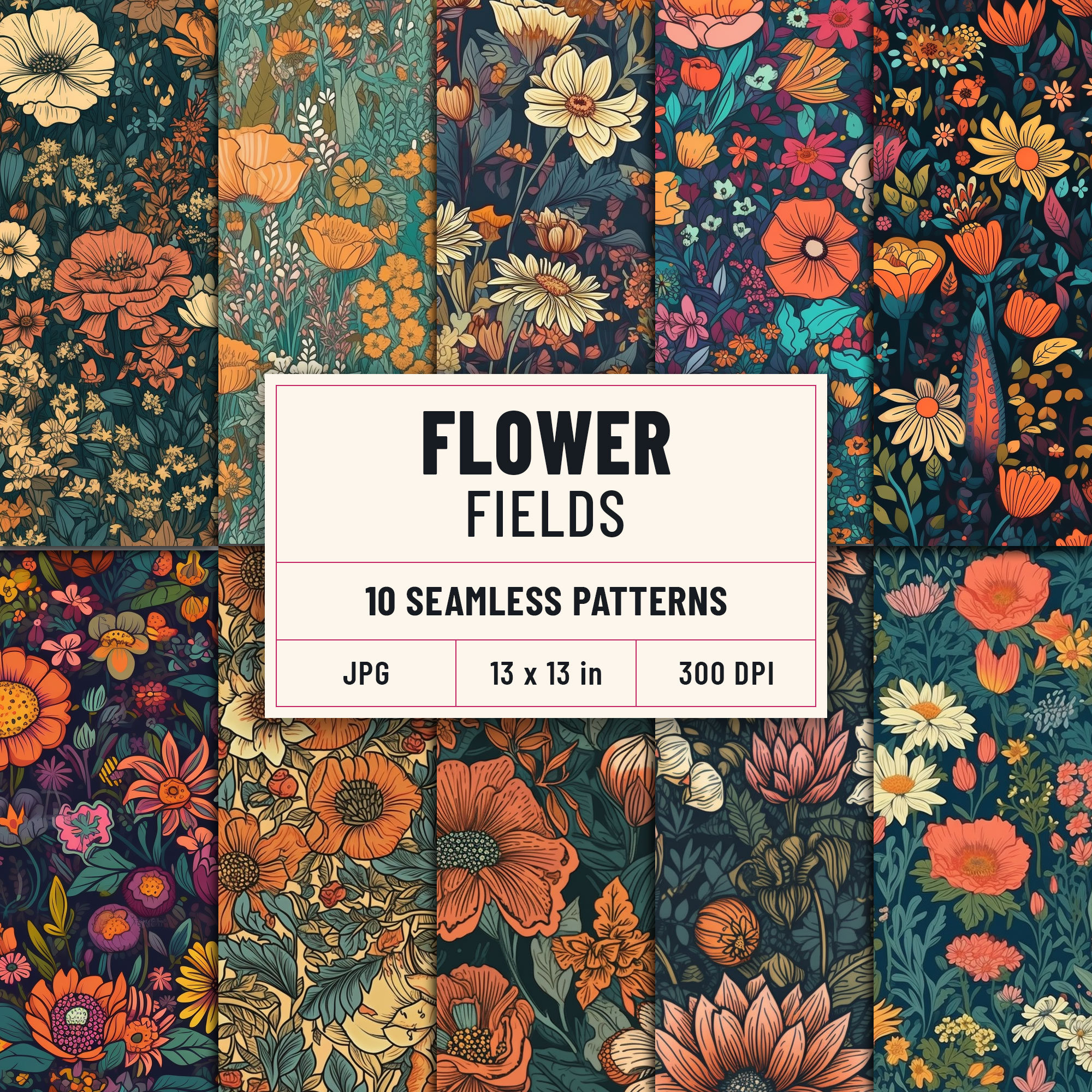 Flower Fields Patterns Seamless Collection Printable Images - Etsy